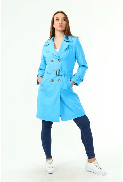 1moda1tarz Kadın Mavi Kruveza Dik Yaka Yandan Cepli Su Itici Özelikli Kuşaklı Içi Astarlı Trençkot