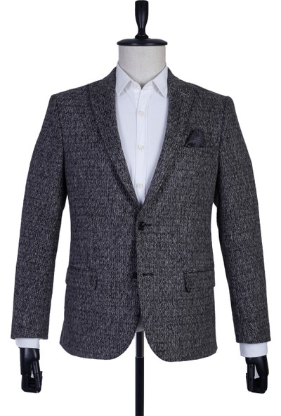 İmza Siyah Kendinden Desenli Slim Fit Ceket