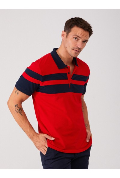 Dufy Kırmızı Çizgili Polo Yaka Erkek Tshirt - Slım Fıt