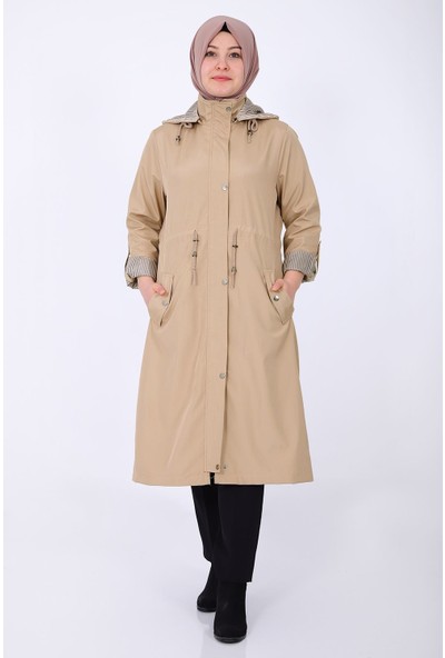 Kombinal Kadın Bej Kapüşonlu Tesettür Büyük Beden TRENÇKOT-2129 Kombinal Kadın Bej Kapüşonlu Tesettür Büyük Beden TRENÇKOT-2129
