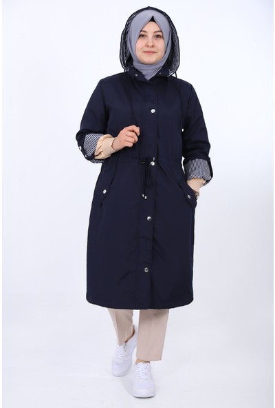 Kombinal Kadın Lacivert Kapüşonlu Tesettür Büyük Beden TRENÇKOT-2129 Kombinal Kadın Lacivert Kapüşonlu Tesettür Büyük Beden TRENÇKOT-2129