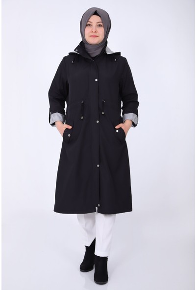Kombinal Kadın Siyah Kapüşonlu Tesettür Büyük Beden TRENÇKOT-2129 Kombinal Kadın Siyah Kapüşonlu Tesettür Büyük Beden TRENÇKOT-2129
