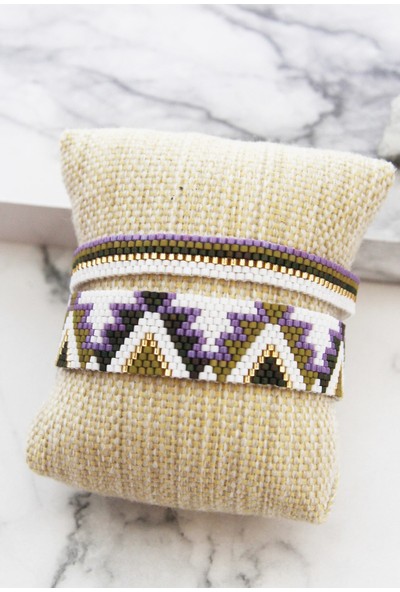 DM Miyuki Miyuki Etnik Desenli Kadın Bileklik Takımı (Beyaz&mor)