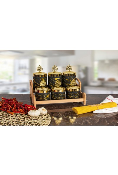 Hasırevim Baharatlık 7 Parça Sarı Siyah Motifli