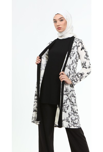 2KM Kara Üç Parçalı Şık Takım Desenli Uzun Hırkalı Sade Tunikli Geniş Pantolonlu 2KM Kara Üç Parçalı Şık Takım Desenli Uzun Hırkalı Sade Tunikli Geniş Pantolonlu