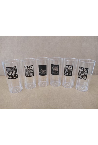 Aca Dekor Baskılı Şeffaf Mika Yıkanabilir Ekstra Sert Plastik Rakı Votka Bardağı 6 Adet