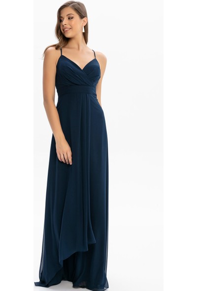 Abiye Sarayı Lacivert Sırt Dekolteli Kruvaze Yaka Askılı Şifon Abiye Abiye Sarayı Lacivert Sırt Dekolteli Kruvaze Yaka Askılı Şifon Abiye