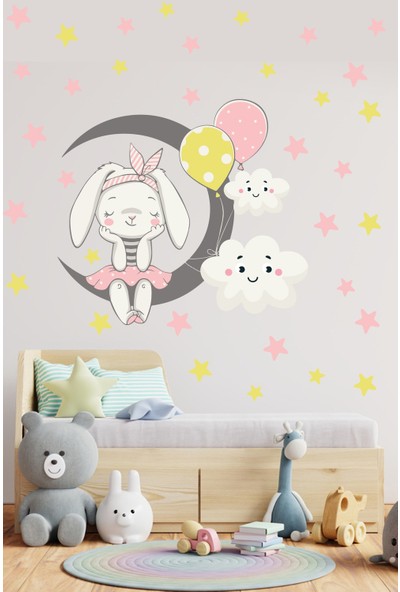 cokindirimli Pembe Sevimli Tavşan ve Ay Çocuk Odası Duvar Sticker cokindirimli Pembe Sevimli Tavşan ve Ay Çocuk Odası Duvar Sticker