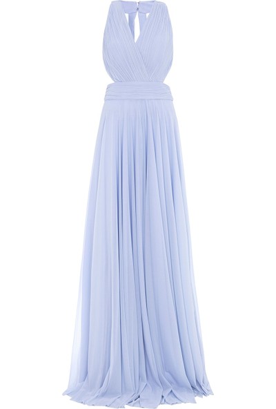 Abiye Sarayı Mavi Sırt ve Bel Dekolteli Uzun Tül Abiye