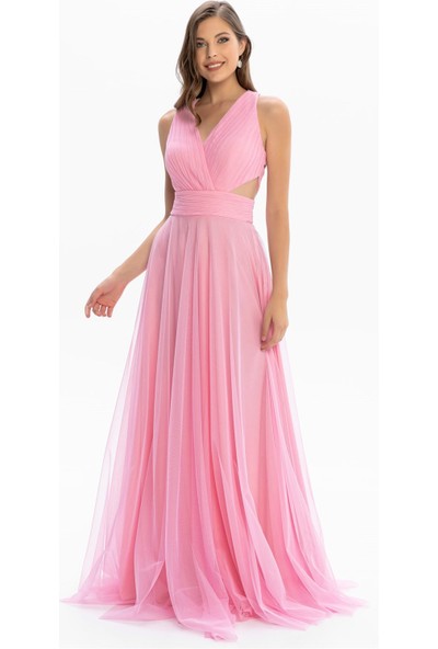 Abiye Sarayı Pembe Sırt ve Bel Dekolteli Uzun Tül Abiye