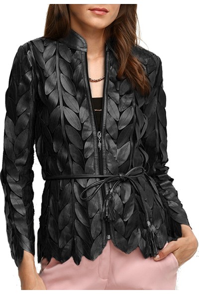 Zamback Hakiki Deri'den Yaprak Desenli Kadın Ceketi (Düz)