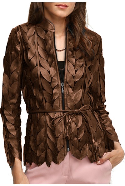 Zamback Hakiki Deri'den Yaprak Desenli Kadın Ceketi (Düz)
