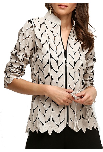 Zamback Hakiki Deri'den Yaprak Desenli Kadın Ceketi (Düz)