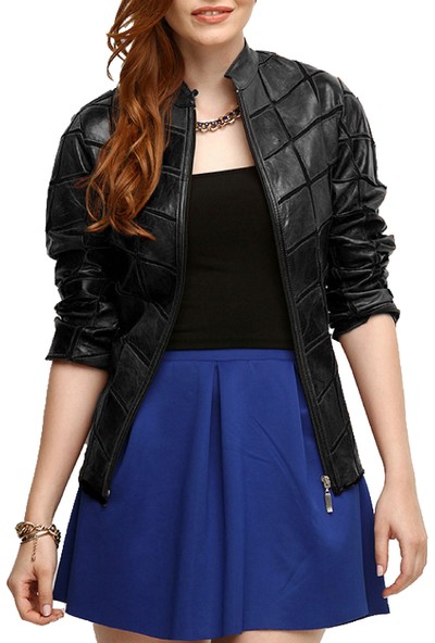 Zamback Hakiki Deri'den Baklava Desenli Kadın Ceketi