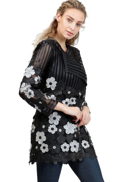 Zamback Hakiki Deri'den Papatya Desenli Kadın Uzun Ceketi