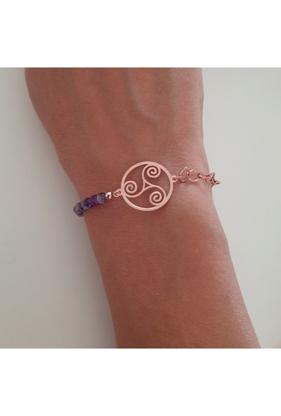 Just4you 925 Ayar Gümüş Ametist Doğal Taşlı Üçlü Spiral Figürlü Özel Tasarım Bileklik
