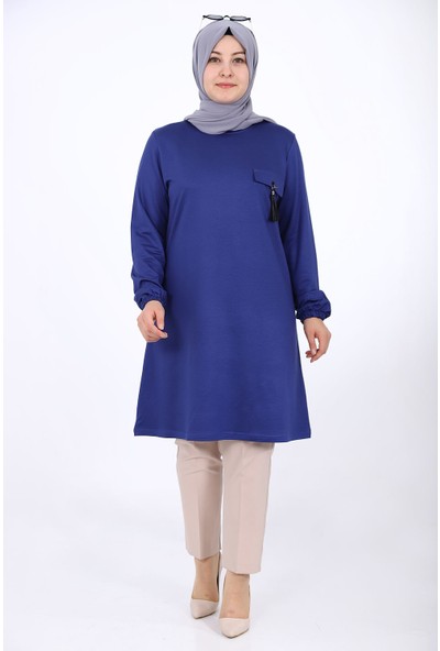 Kombinal Kadın Mavi Cep Kapaklı Tesettür Büyük Beden Tunik-89.99