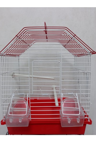 Koza Kafes Çift Kapılı Kırmızı-Beyaz Renkli Kesik Çatılı Kırmızı Beyaz 29 x 36 x 20 cm