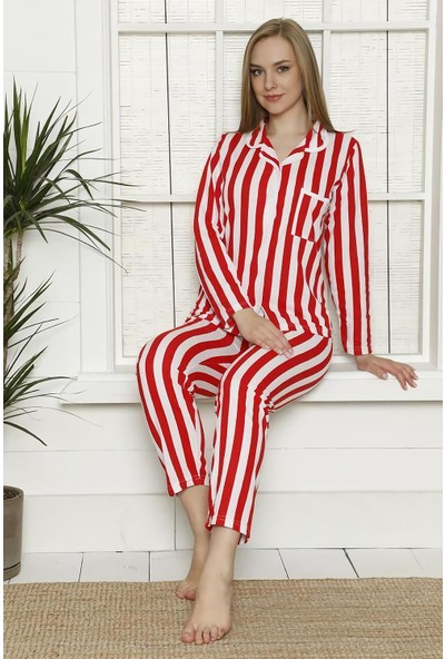 Estiva Kadın Çizgili Gömlek Yaka Pijama Takımı