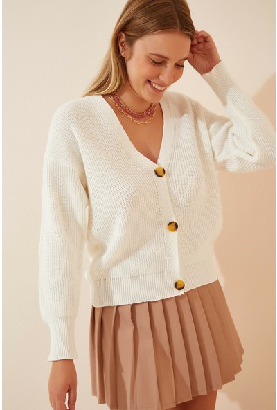 Kasheha Kadın Ekru V Yaka Üç Düğmeli Yumuşak Dokulu Selanik Örgü Likralı Triko Hırka - KAD3325492