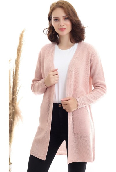 Kasheha Kadın Pembe Yumuşak Dokulu Kanguru Cepli Salaş Triko Hırka - KAD3325502