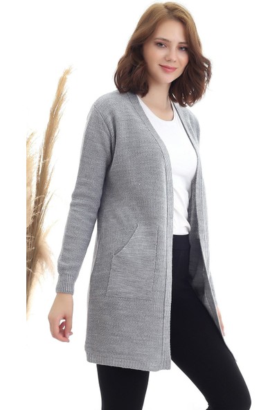 Kasheha Kadın Gri Yumuşak Dokulu Kanguru Cepli Salaş Triko Hırka - KAD3325502