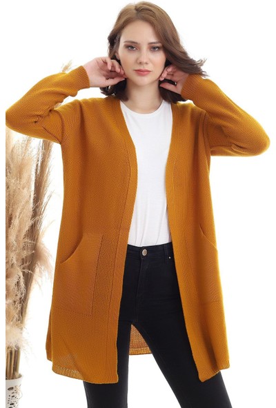 Kasheha Kadın Hardal Yumuşak Dokulu Kanguru Cepli Salaş Triko Hırka - KAD3325502