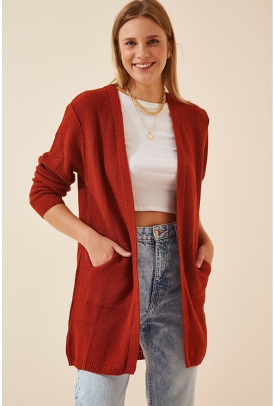 Kasheha Kadın Kiremit Yumuşak Dokulu Kanguru Cepli Salaş Triko Hırka - KAD3325502