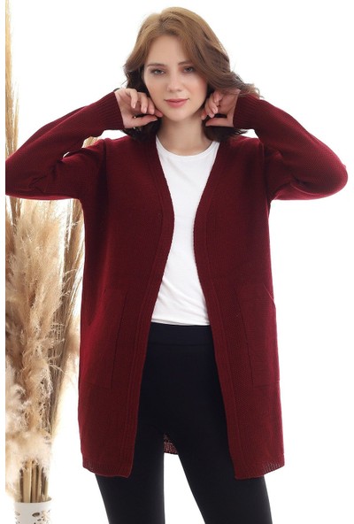 Kasheha Kadın Bordo Yumuşak Dokulu Kanguru Cepli Salaş Triko Hırka - KAD3325502