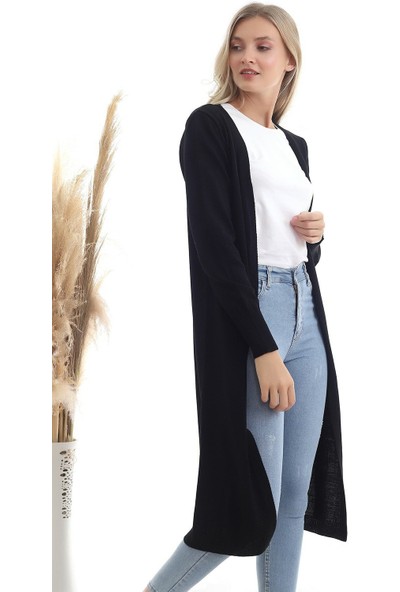 Kasheha Kadın Siyah Mevsimlik Uzun Kollu Salaş Triko Uzun Hırka - KAD3325506