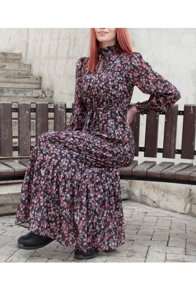 Novas Astarlı Çiçekli Maxi Boy Elbise