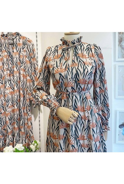 Novas Astarlı Çiçekli Maxi Boy Elbise