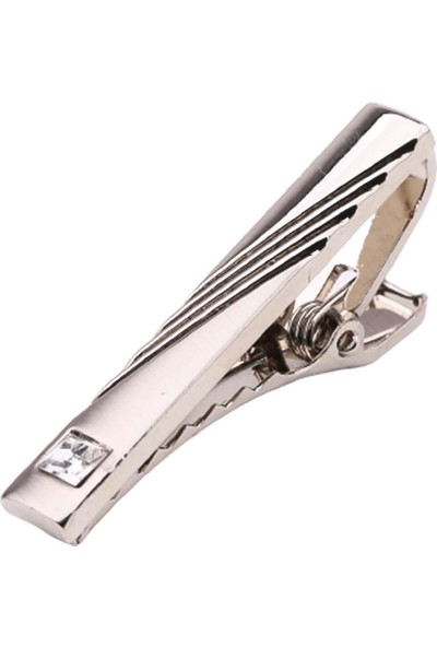 Kravatkolik Gümüş Renk Çizgi Desen Beyaz Taşlı Kravat Iğnesi