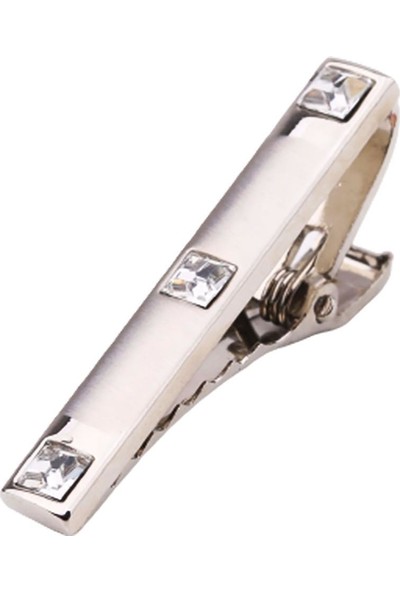 Kravatkolik Gümüş Renk Mat Üç Beyaz Taşlı Kravat Iğnesi