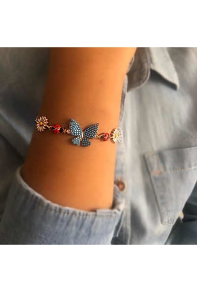 925 Gümüş Rose Kaplama Kelebek Çiçek Motifi Gümüş Bileklik