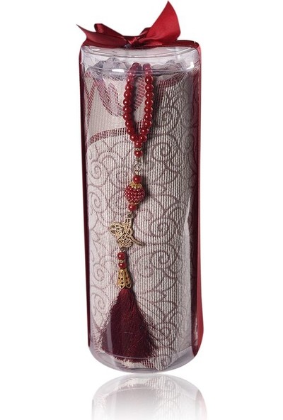 Silindir Kutu Pamuk Seccade & Inci Tespih Bordo 24 5x 8 cm