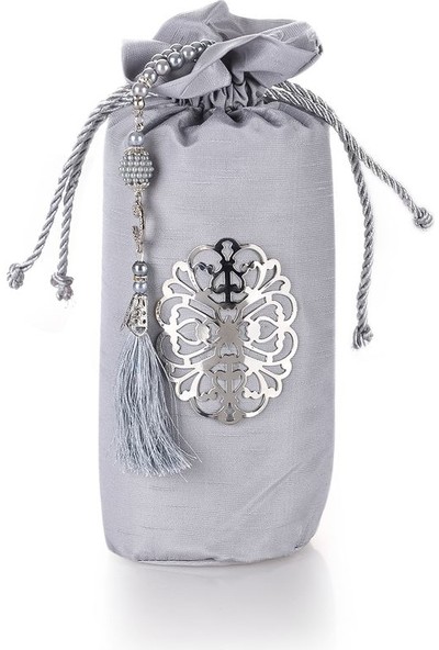 Osmanlı Ipeği Şantuk Kese Seccade Inci Tespih Gri-Gümüş 20 x 10 cm