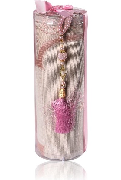 Silindir Kutu Pamuk Seccade & Inci Tespih Pembe 24.5x8