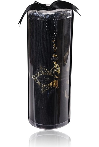 Silindir Kutu Pamuk Seccade & Inci Tespih Siyah 24.5x8