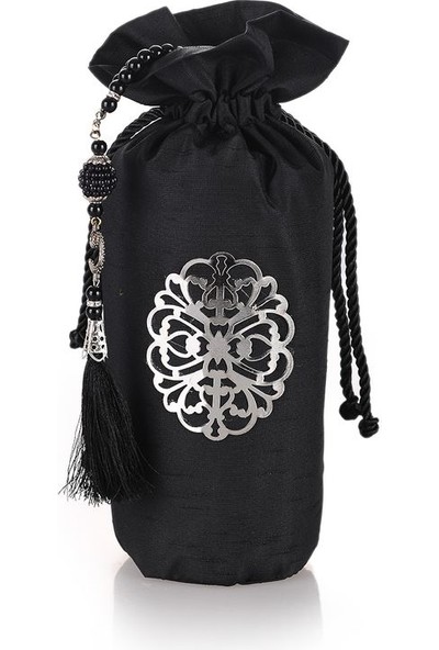 Osmanlı Ipeği Şantuk Kese Seccade Inci Tespih Siyah-Gümüş 20 x 10 cm