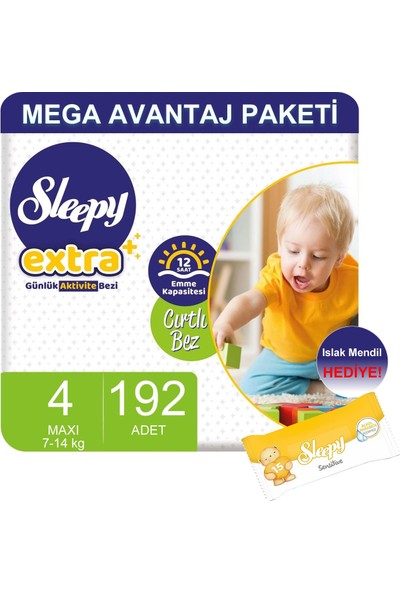Sleepy Extra Mega Avantaj Paketi Günlük Aktivite Bezi 4 Numara 192 Adet Li 7-14 Kg+Islak Mendil Sleepy Extra Mega Avantaj Paketi Günlük Aktivite Bezi 4 Numara 192 Adet Li 7-14 Kg+Islak Mendil