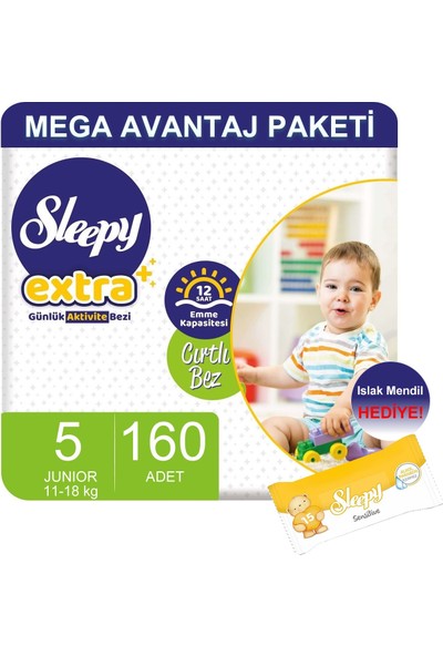 Sleepy Extra Mega Avantaj Paketi Günlük Aktivite Bezi 5 Numara 160 Adet Li 11-18 Kg+Islak Mendil Sleepy Extra Mega Avantaj Paketi Günlük Aktivite Bezi 5 Numara 160 Adet Li 11-18 Kg+Islak Mendil