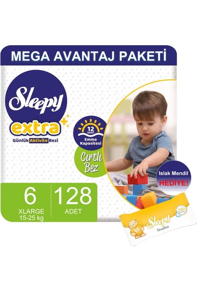 Sleepy Extra Mega Avantaj Paketi Günlük Aktivite Bezi 6 Numara 128 Adet Li 15-25 Kg+Islak Mendil Sleepy Extra Mega Avantaj Paketi Günlük Aktivite Bezi 6 Numara 128 Adet Li 15-25 Kg+Islak Mendil