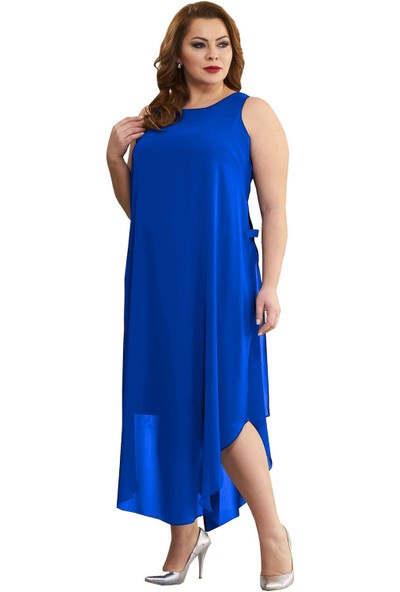 Lilas Büyük Beden Saks Renkli Şifon Kolsuz Elbise Lilas Büyük Beden Saks Renkli Şifon Kolsuz Elbise