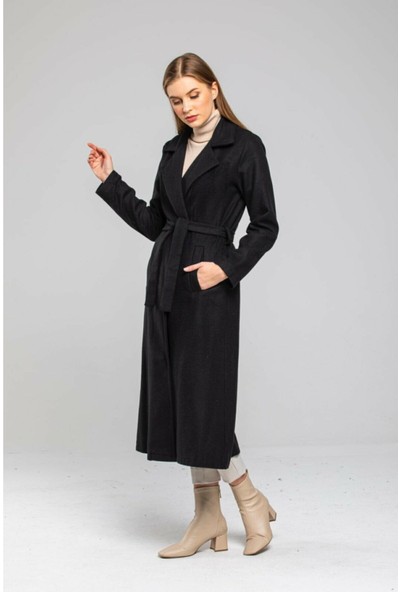 Cng Moda Kadın Kemerli Yünlü Astarsız Kaşe Kaban