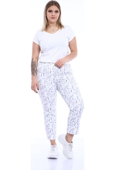 Lilas Büyük Beden Lacivert Çiçek Desenli Likralı Pantolon