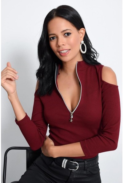 Kasheha Kadın Bordo Omuz Dekolteli Fermuarlı Uzun Kollu Kaşkorse Bluz - KSH00001