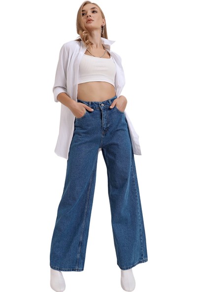 Butikburuc Kadın Koyu Mavi Geniş Paça Kot Pantolon