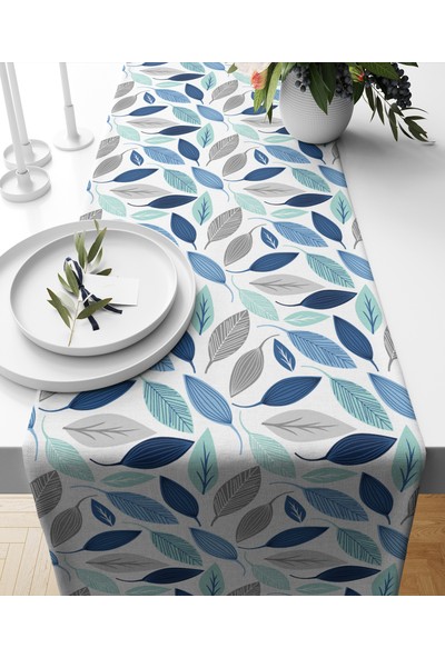 Bk Home Dekor Mavi Yaprak Desen 40*140 cm Düz Dikişli Süet Runner Bk Home Dekor Mavi Yaprak Desen 40*140 cm Düz Dikişli Süet Runner