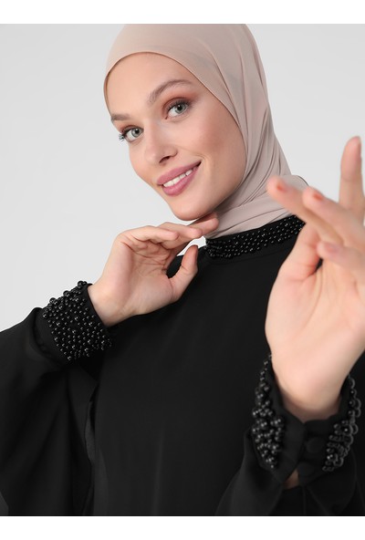 Refka Boncuk Detaylı Tül Abiye Elbise - Siyah - Refka Woman